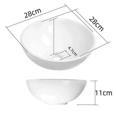 Round Vessel White Porcelain Ceramic Bathroom Sink, 28cm (D)x 11cm (H)