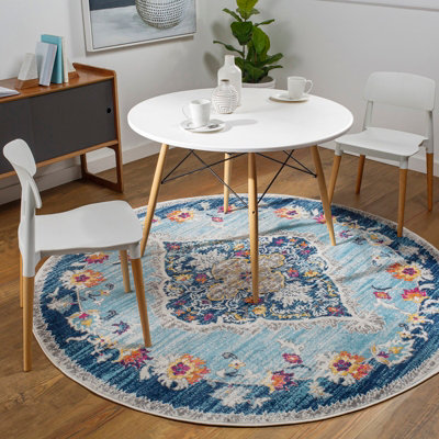 Round Vintage Oriental Boho Blue Romy Area Rug 200 x 200 cm - Easy Care ...
