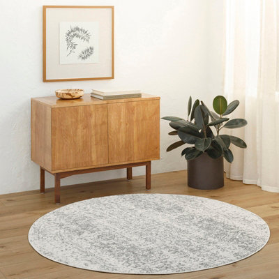 Round Vintage Oriental Boho Grey/White Juliette Area Rug 160 x 160 cm ...