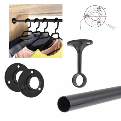 Round Wardrobe Rail Hanging Tube Pipe 1800mm Black Matt Set with End ...