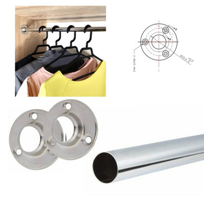 Round Wardrobe Rail Hanging Tube Pipe 900mm Chrome Set with End Brackets