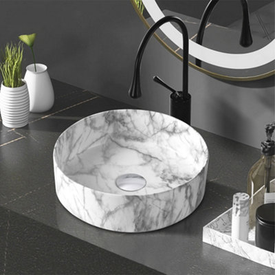 Round White Ceramic Marble Effect Texture Countertop Basin Bathroom ...