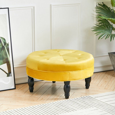 Round Yellow Velvet Upholstered Tufted Buttoned Foot Stool Dia 750 x H ...