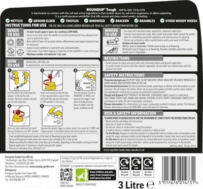 Roundup Tough Ready to Use Weedkiller 3L Heavy Duty Garden Weed Control ...