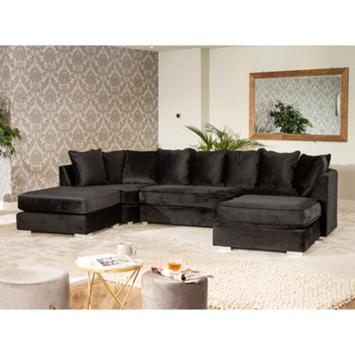 Rowan Large 338cm Wide Black Ebony Velvet Fabric U-Shaped Corner Sofa with Chrome Effect Legs
