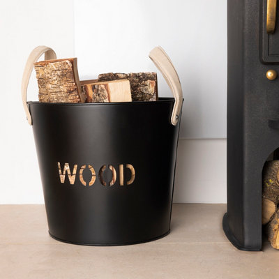 Rowan Small Leather Handled Fireside Wood Bucket Classic Style Iron ...