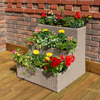 Rowlinson 3 Tier Rattan Planter Natural Raised Flower Bed Garden Patio ...