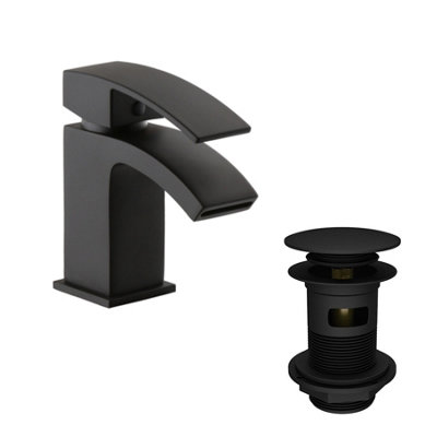 Royal Bathrooms Fiuto Nero Mono Basin Mixer Tap Elegant Design With Push Button Waste - Matt Black