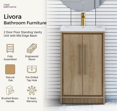 Royal Bathrooms Livora 500mm Natural Oak Floor Standing Vanity Unit 2 ...