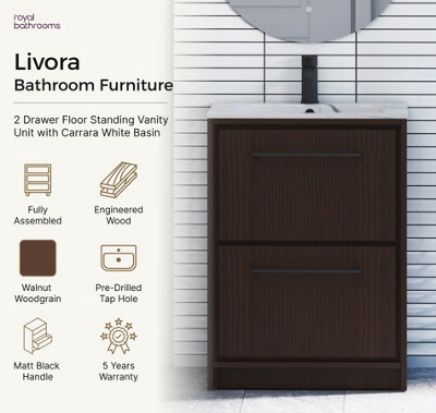 Royal Bathrooms Livora 600mm Walnut Woodgrain Floor Standing Vanity ...