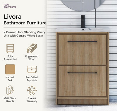 Royal Bathrooms Livora 800mm Natural Oak Floor Standing Vanity Unit 2 ...