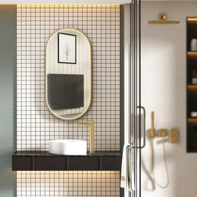 Royal Bathrooms Luxor 900 x 450mm Brushed Brass Framed Capsule Mirror ...