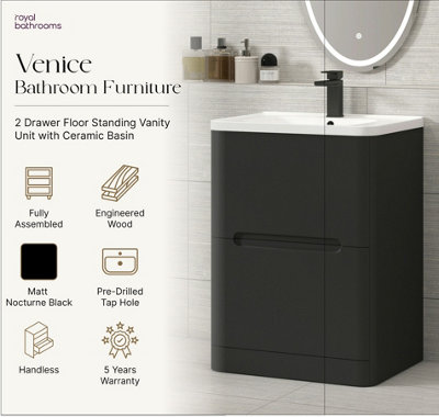 Royal Bathrooms Venice 600mm Matt Black Floor Standing Vanity Unit 2 ...