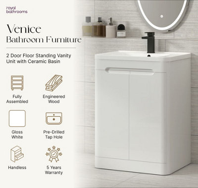 Royal Bathrooms Venice 800mm Gloss White Floor Standing Vanity Unit 2 ...