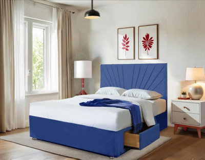 Royal Blue Plush Fabric Divan Bed Set with 20''Sunburst Headboard, 10 ...
