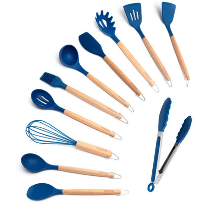 Royalford 11 PC Silicone Kitchen Utensil Set With Wooden Handle, Blue