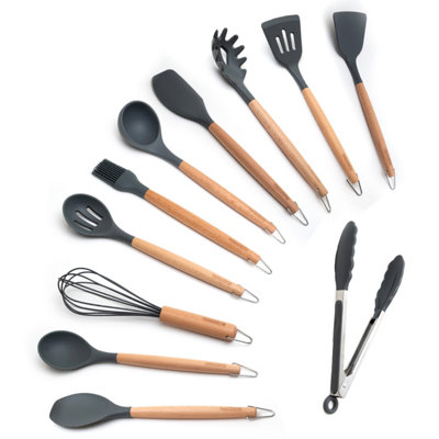 Royalford 11 PC Silicone Kitchen Utensil Set With Wooden Handle, Grey ...