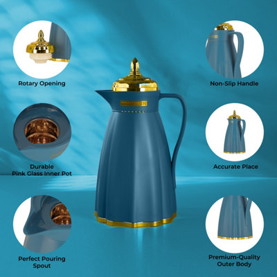 Royalford Insulate Vacuum Flask Tea Carafe 1L Airport Jug, Blue