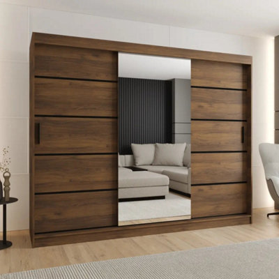 Rubino V2 Oak Walnut Triple Sliding Wardrobe 250cm with Centre Mirror