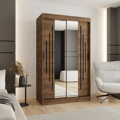 Rubino Y1 Oak Walnut 120cm Sliding Wardrobe with Part Mirrors