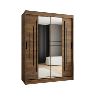Rubino Y1 Oak Walnut Sliding Wardrobe 150cm with Mirror Panels