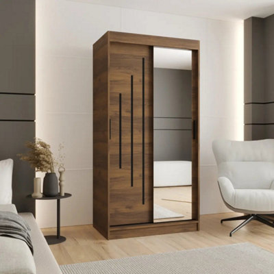 Rubino Y2 Oak Walnut Sliding Wardrobe 100cm with Mirror Door