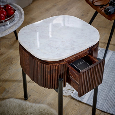 Ruby Mango Wood Bedside Table With Marble Top & Metal Legs