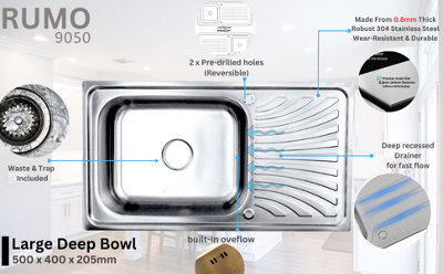 RUMO Stainless Steel Kitchen Sink 1.0 Single Large Deep Bowl with ...