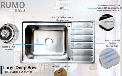 RUMO Stainless steel Kitchen sink with Large bowl and drainer 86cm x 50cm