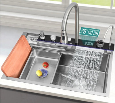 RUMO Waterfall Kitchen Sink Stainless steel Silver with Piano 5 Buttons ...