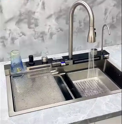 RUMO Waterfall Kitchen Sink Stainless steel Silver with Piano 5 Buttons ...
