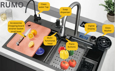 RUMO Waterfall Sink Piano 2 Key Kitchen Sink with LED Digital Display ...