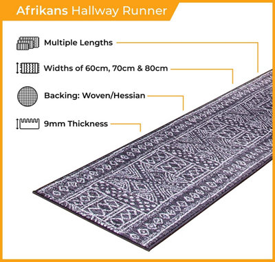 runrug Carpet Runner - Long Hallway Runner - 540cm x 70cm - Afrikans, Black at B&Q