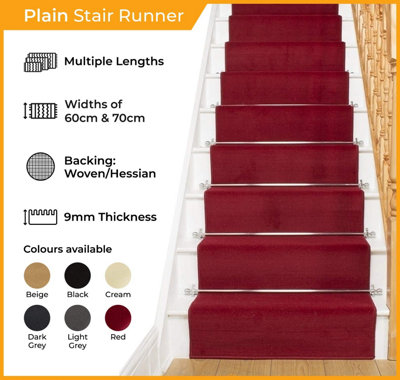 runrug Stair Carpet Runner - Stain Resistant - 750cm x 70cm - Plain, Red