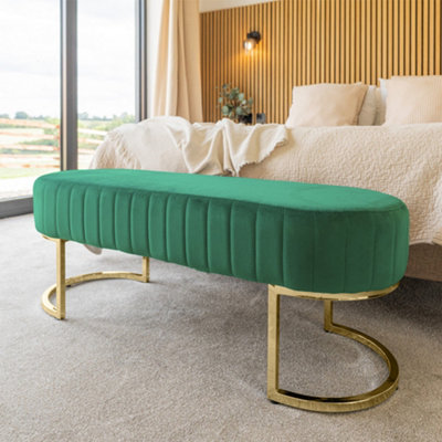 RUSSELL GREEN VELVET BENCH WITH GOLD LEGS