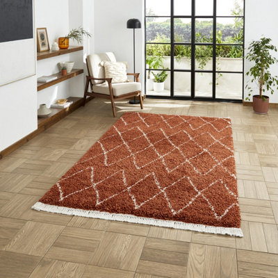 Rust Geometric Shaggy Rug, Stain-Resistant 45mm Thick Modern Rug for ...