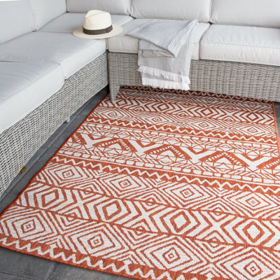 Rust Orange Aztec Tribal Flatweave Indoor Outdoor Rug 80x150cm | DIY at B&Q