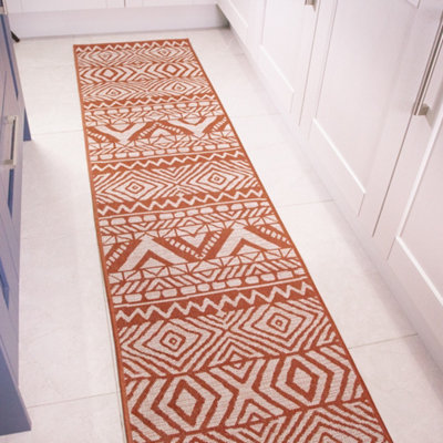 Rust Orange Aztec Tribal Flatweave Indoor Outdoor Runner Rug 60x240cm ...