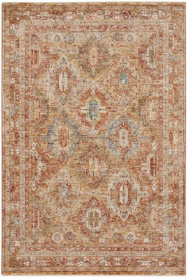 Rust Traditional Bordered Geometric Easy to clean Rug for Dining Room ...