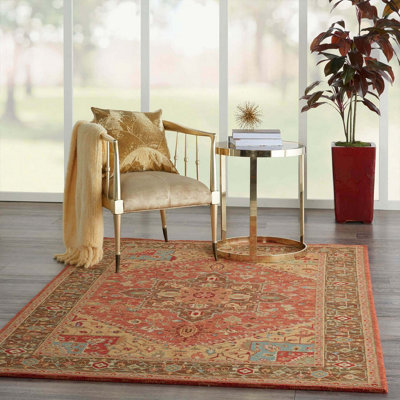 Rust Traditional Luxurious Wool Easy to Clean Bordered Geometric Rug ...
