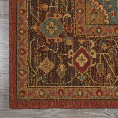 Rust Traditional Luxurious Wool Easy to Clean Bordered Geometric Rug ...
