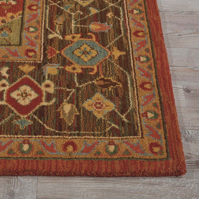 Rust Traditional Luxurious Wool Easy to Clean Bordered Geometric Rug ...