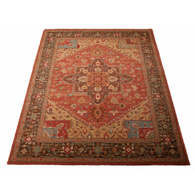 Rust Traditional Luxurious Wool Easy to Clean Bordered Geometric Rug ...