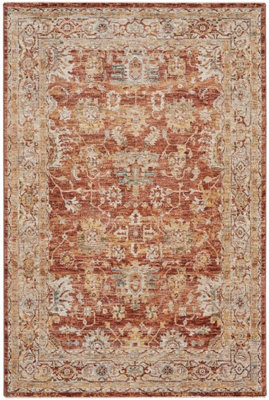 Rust Traditional Rug, 5mm Thick Anti-Shed Bordered Geometric Rug ...
