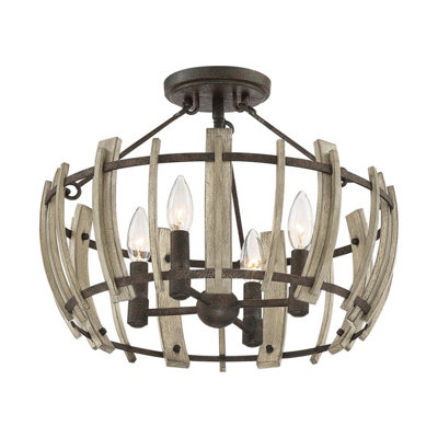 Rustic 4 Bulb Semi-Flush Mount Light with Black Frame and Faux Wood Design