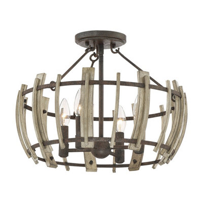 Rustic 4 Bulb Semi-Flush Mount Light with Black Frame and Faux Wood Design
