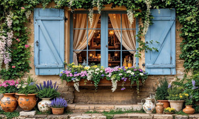 Rustic Blue Shutters Garden Mural Curtain Waterproof Outdoor Tapestry ...