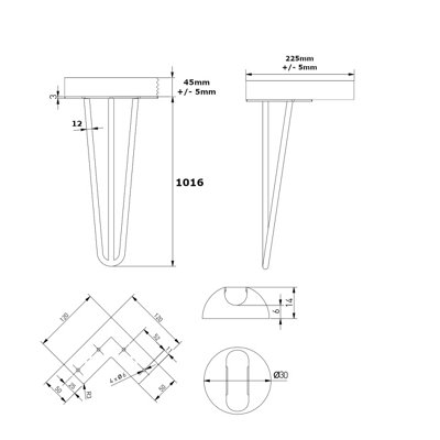 Rustic Console Table 225mm Hairpin 1016mm Height Light Oak Length of 110cm