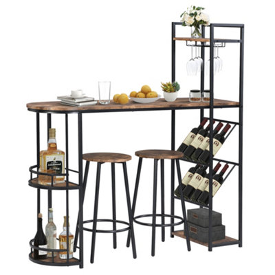 Rustic Industrial Bar Table Set with Wine Rack and Side Storage