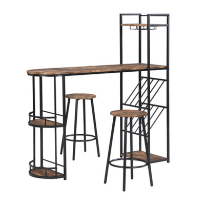 Rustic Industrial Bar Table Set with Wine Rack and Side Storage